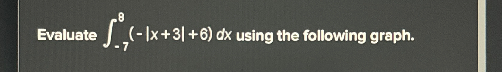 Solved Evaluate ∫-78(-|x+3|+6)dx ﻿using the following graph. | Chegg.com