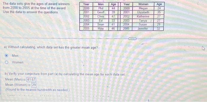 Solved The data sets give the ages of award winners from | Chegg.com