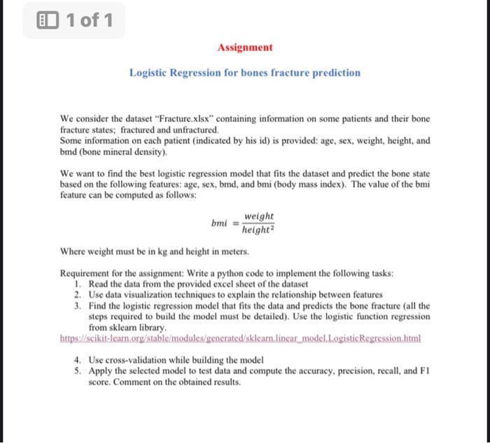 Solved Logistic Regression for bones fracture prediction We | Chegg.com