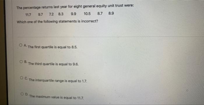 Solved The percentage returns last year for eight general | Chegg.com