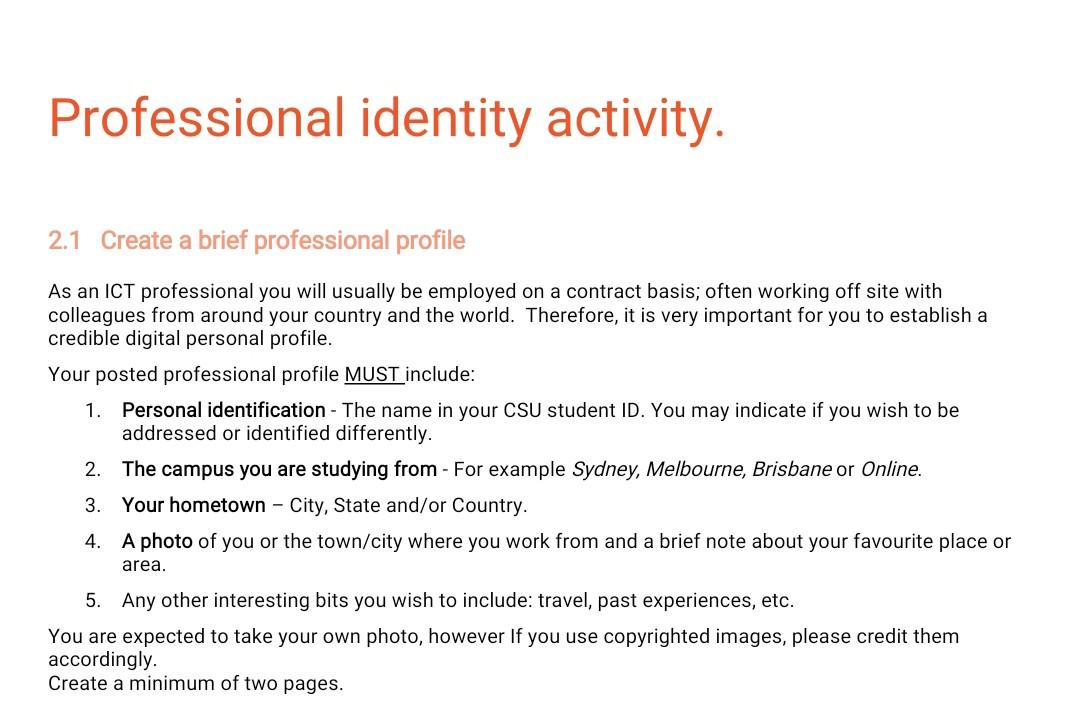 Solved Professional identity activity. 2.1 Create a brief | Chegg.com