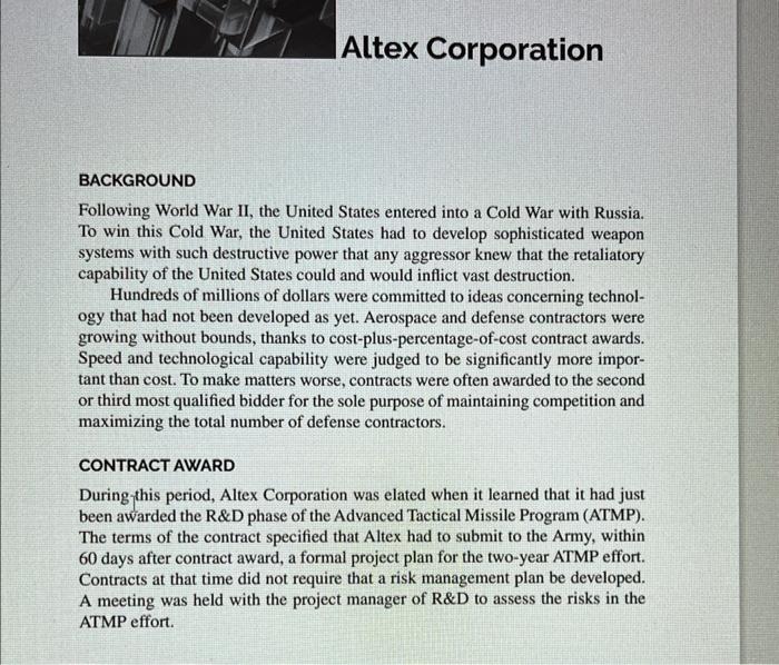 Solved Altex Corporation BACKGROUND Following World War II, | Chegg.com