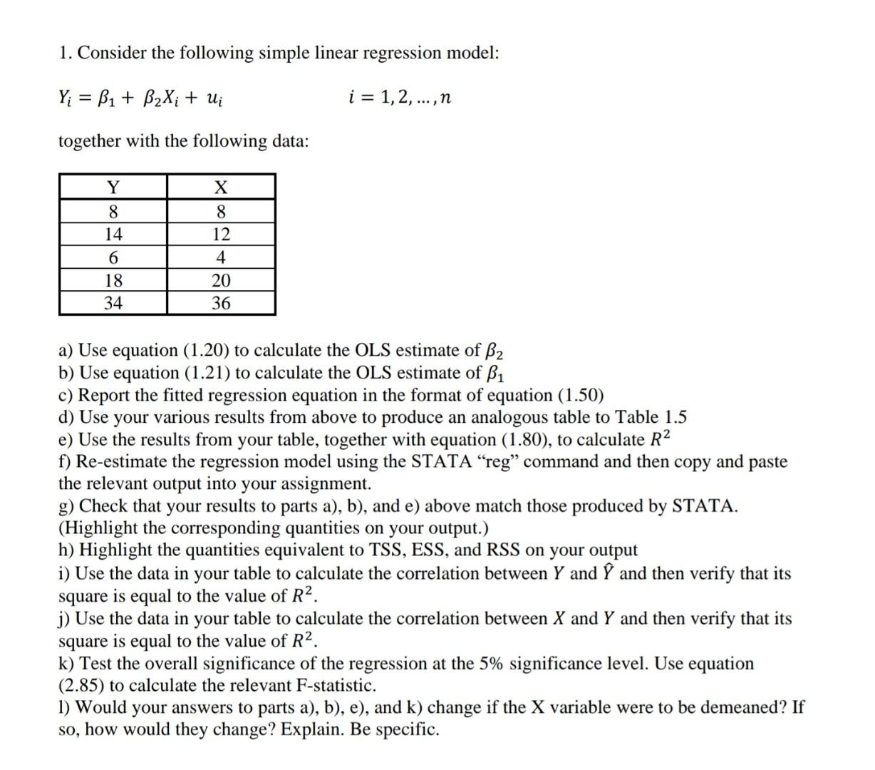 1. Consider the following simple linear regression | Chegg.com