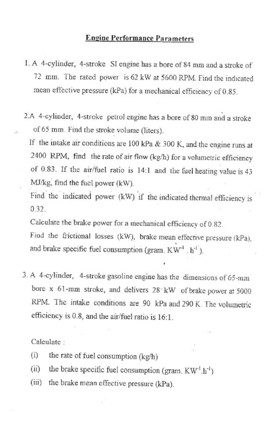 Solved Engine Performance Parameters 1. A 4-cylinder, | Chegg.com