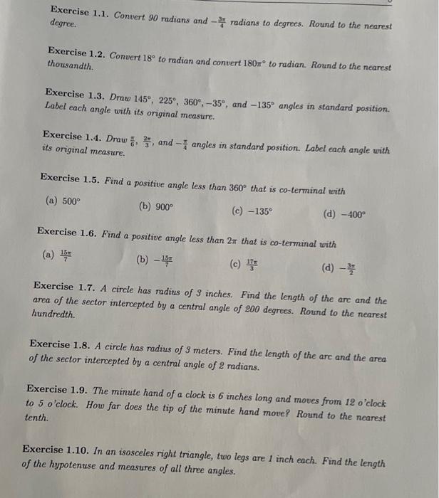 Solved Exercise 1.1. Convert 90 radians and −43π radians to | Chegg.com