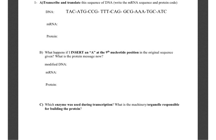 Solved 1. A)Transcribe and translate this sequence of DNA | Chegg.com
