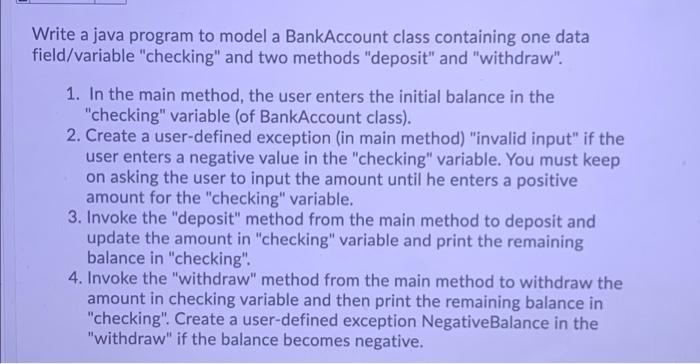 Solved Write a java program to model a BankAccount class | Chegg.com
