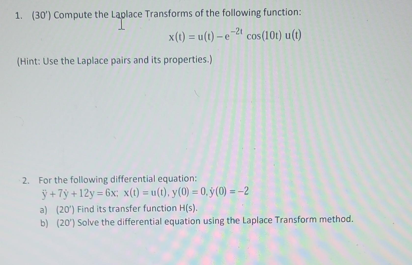 Solved 1. (30') Compute the Laplace Transforms of the | Chegg.com