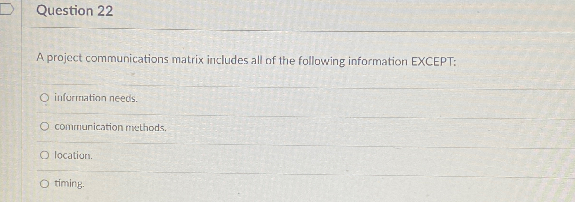 Solved Question 22A project communications matrix includes | Chegg.com