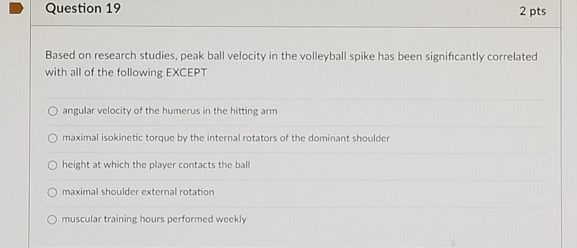 Based on research studies, peak ball velocity in the | Chegg.com