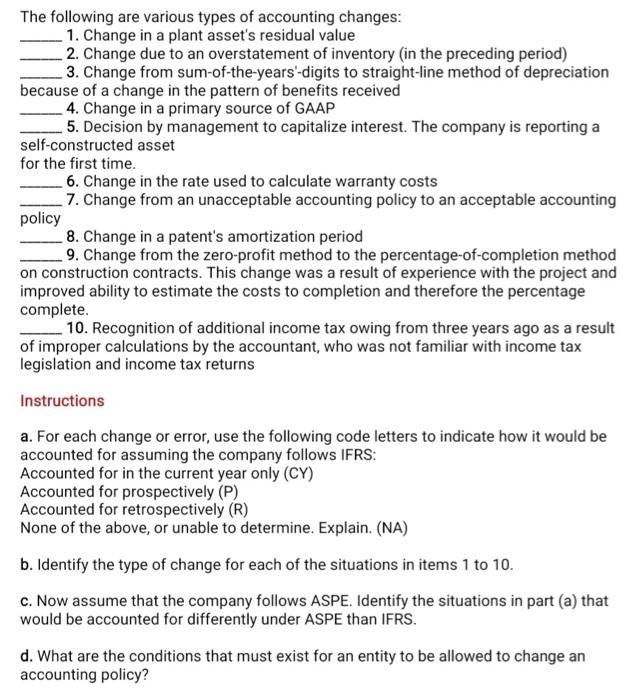 Solved The following are various types of accounting | Chegg.com