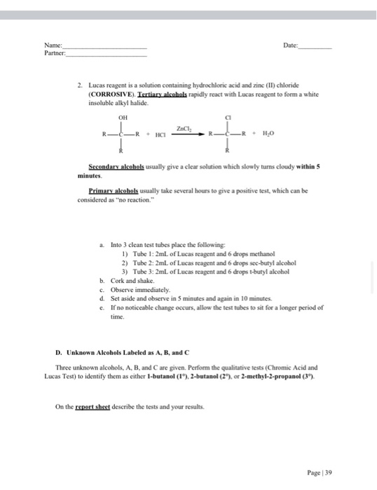 Experiment VIII: Alcohols and their Properties | Chegg.com