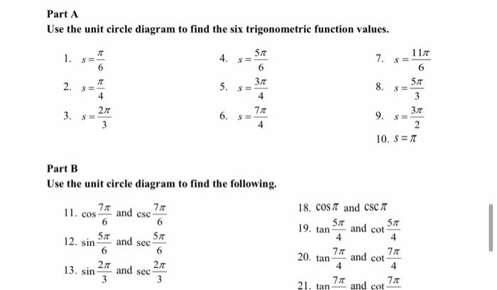 Solved Part A Use the unit circle diagram to find the six | Chegg.com