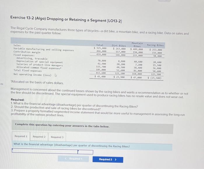 Solved Exercise 13-2 (Algo) Dropping or Retaining a Segment | Chegg.com