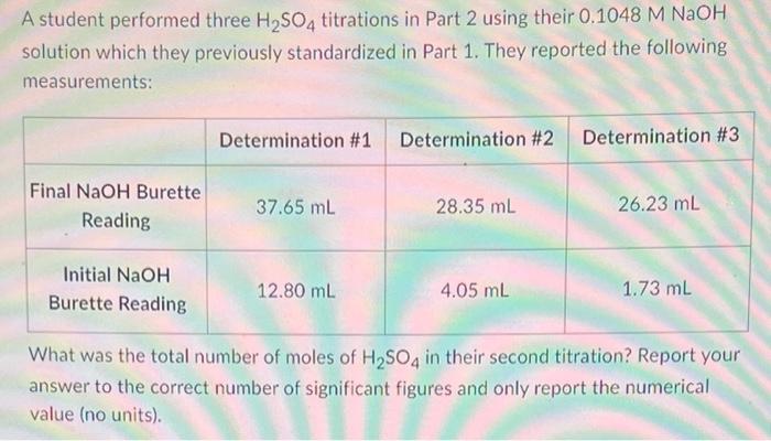 Solved A student performed three H2SO4 titrations in Part 2 | Chegg.com