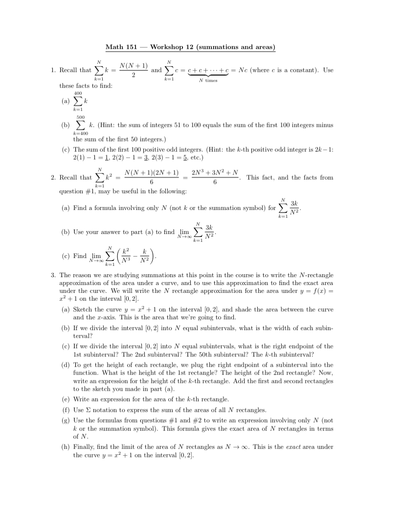 Solved Math 151 - ﻿Workshop 12 (summations and areas)Recall | Chegg.com