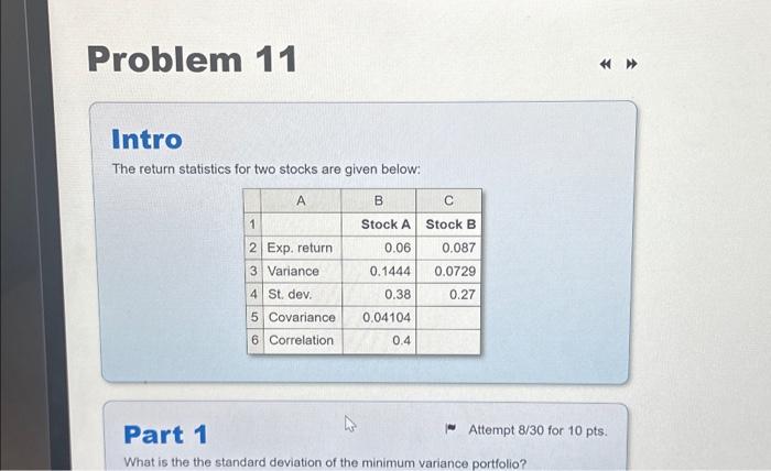 Solved Problem 11 Intro The return statistics for two stocks | Chegg.com