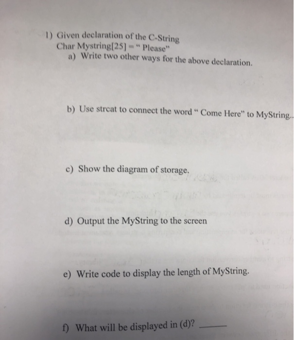 Solved 1) Given declaration of the C-String Char | Chegg.com