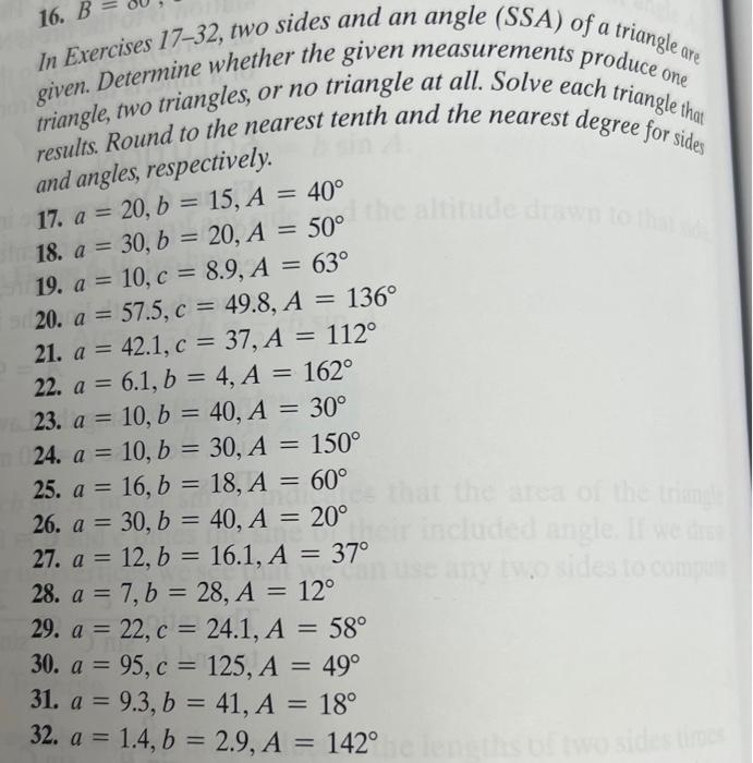 Solved In Exercises 17-32, two sides and an angle (SSA) of a | Chegg.com