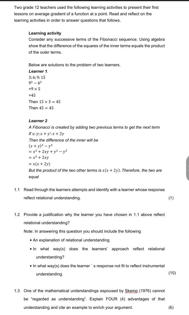 Solved Two grade 12 teachers used the following learning | Chegg.com