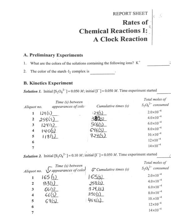 Solved REPORT SHEET Rates of Chemical Reactions I: A Clock | Chegg.com