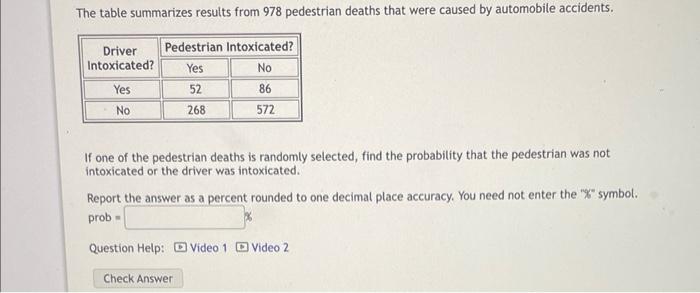 Solved The table summarizes results from 978 pedestrian | Chegg.com