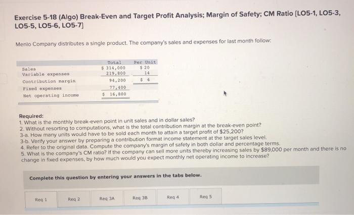 Solved Exercise 5-18 (Algo) Break-Even and Target Profit | Chegg.com
