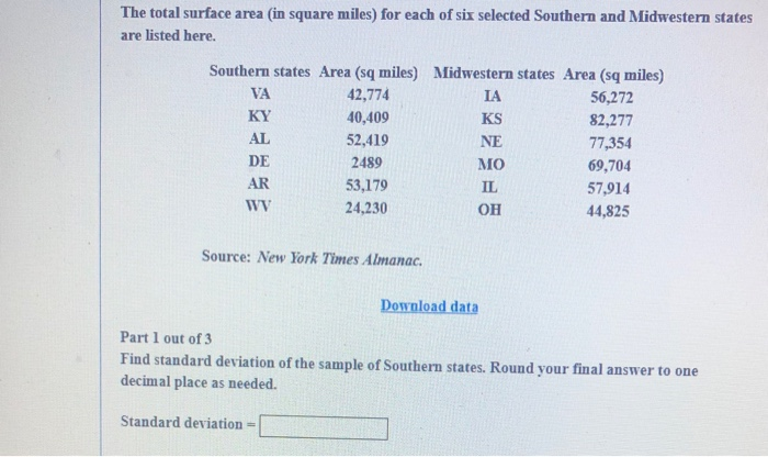 Solved The total surface area (in square miles) for each of | Chegg.com