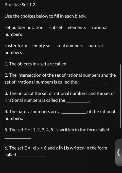 Solved Practice Set 1.2 Use the choices below to fill in | Chegg.com