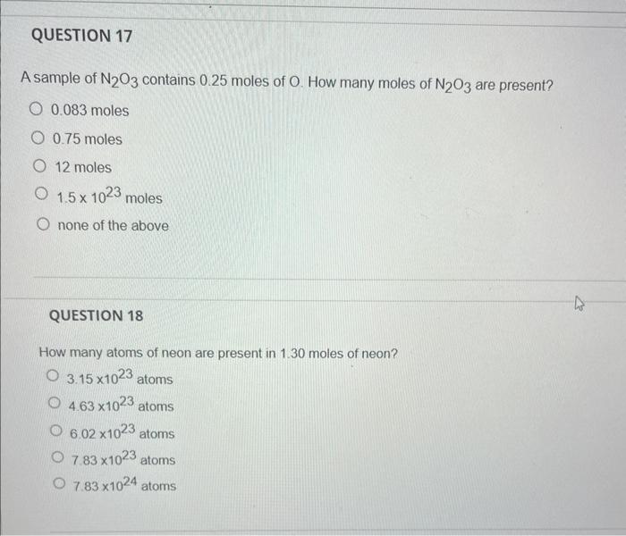 Solved A sample of N2O3 contains 0.25 moles of O. How many | Chegg.com