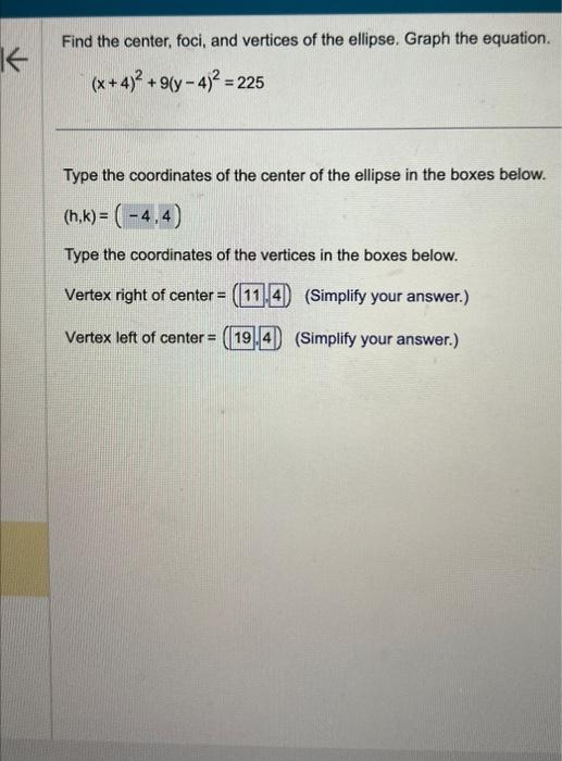 Solved Find the center, foci, and vertices of the ellipse. | Chegg.com