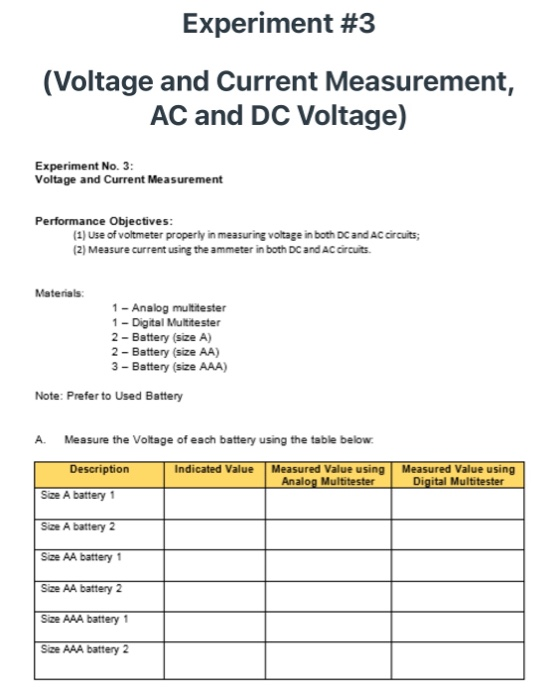 Experiment #3 (Voltage and Current Measurement, AC | Chegg.com