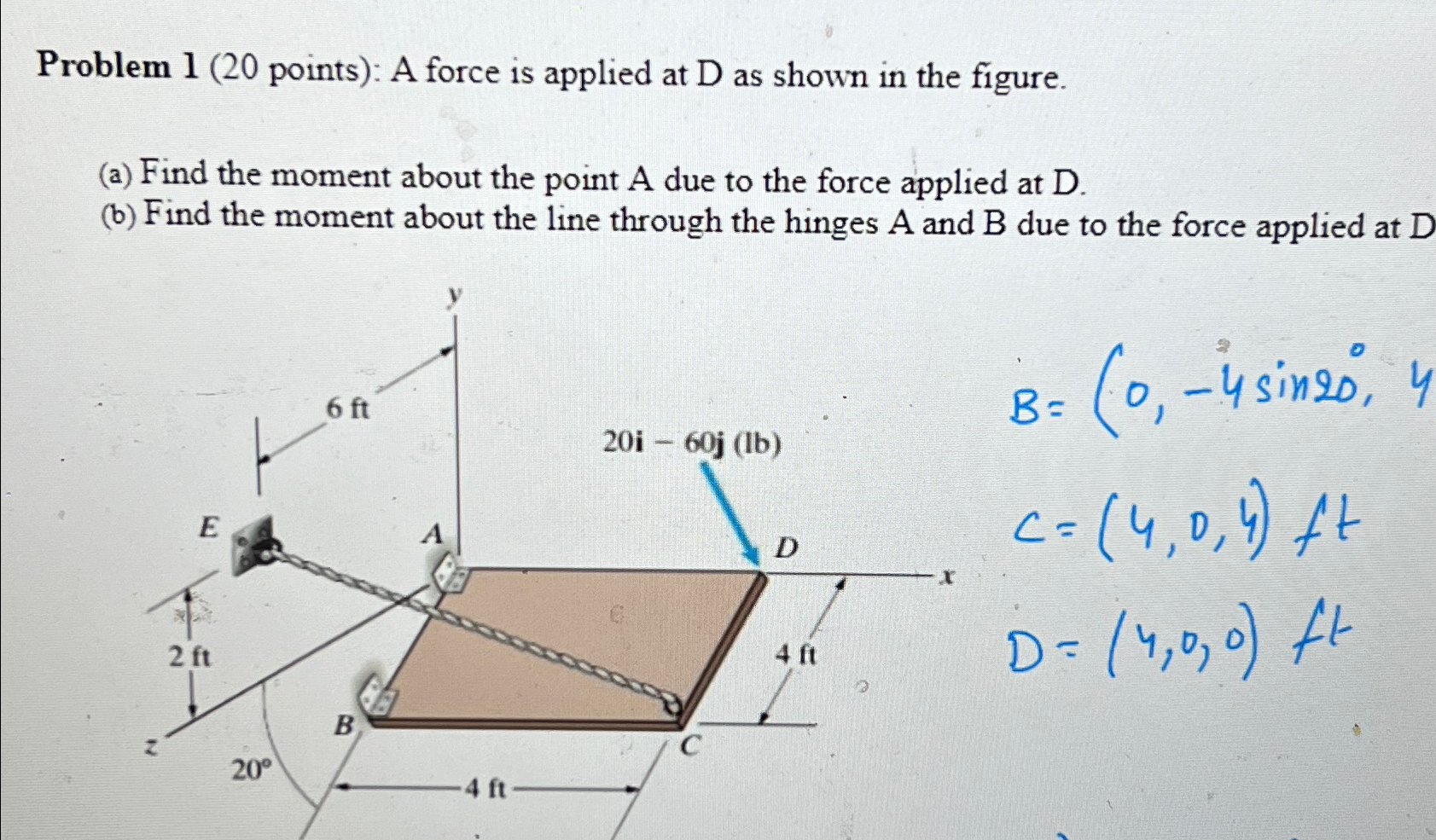 Solved Problem 1 (20 ﻿points): A force is applied at D ﻿as | Chegg.com