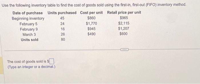 Solved Jse the following inventory table to find the cost of | Chegg.com