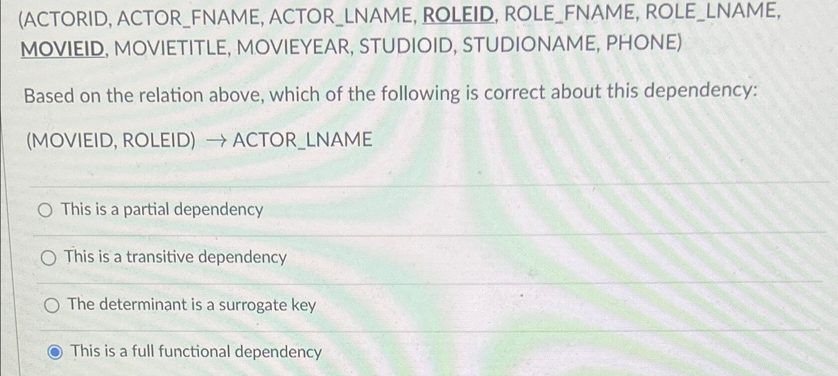 Solved (ACTORID, ﻿ACTOR_FNAME, ACTOR_LNAME, ROLEID, | Chegg.com