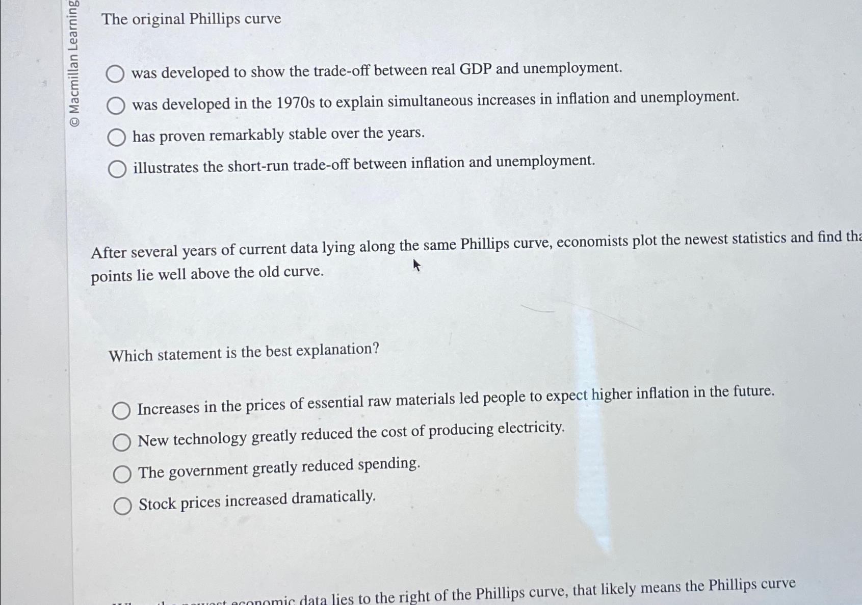 Solved The original Phillips curvewas developed to show the | Chegg.com