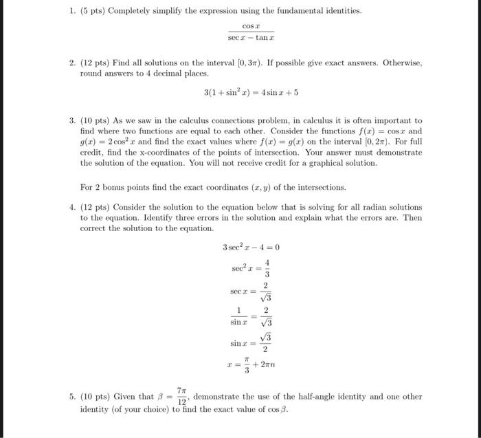 Solved 1. (5 pts) Completely simplify the expression using | Chegg.com