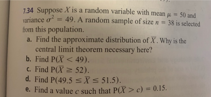Solved 734 Suppose X is a random variable with mean u = 50 | Chegg.com
