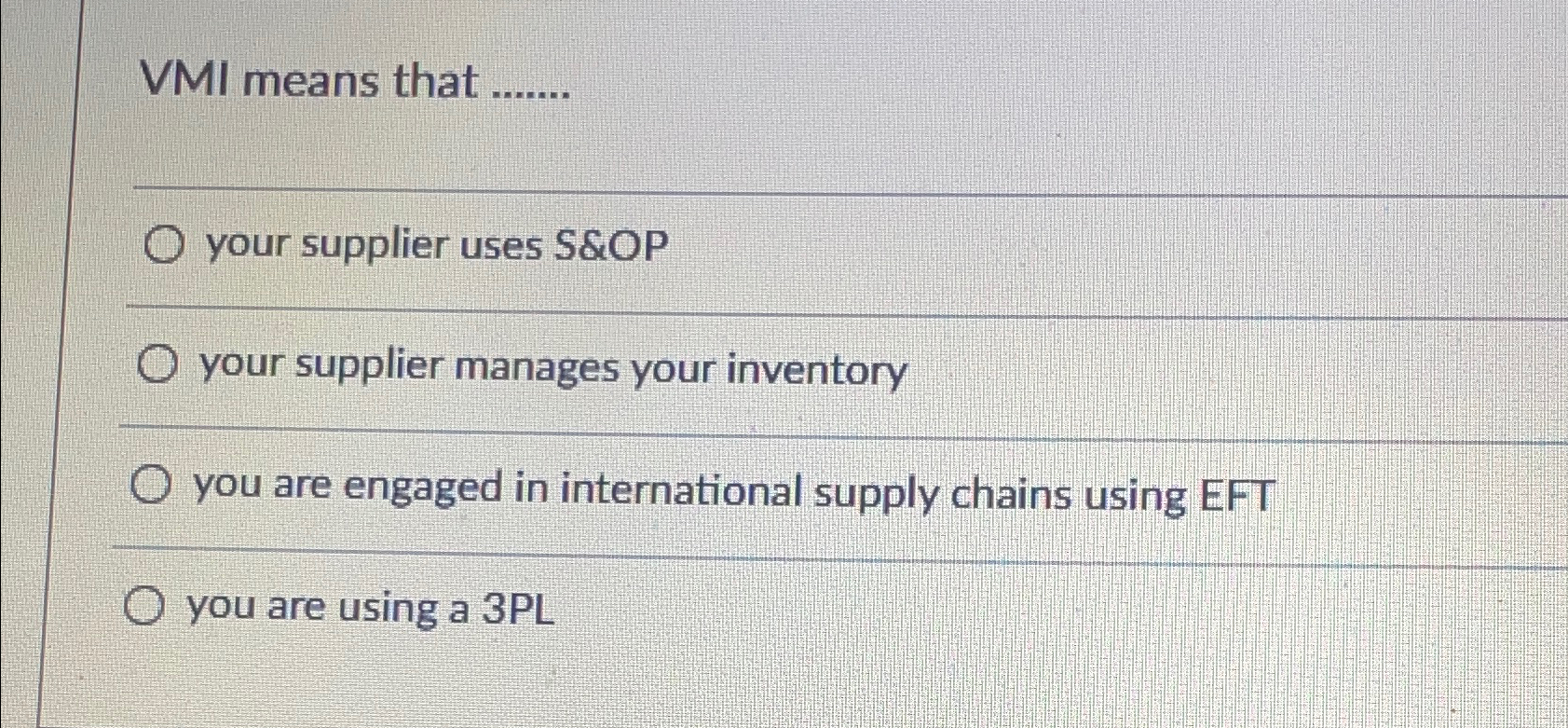 Solved VMI means that q,q, ﻿your supplier uses S&OPyour | Chegg.com