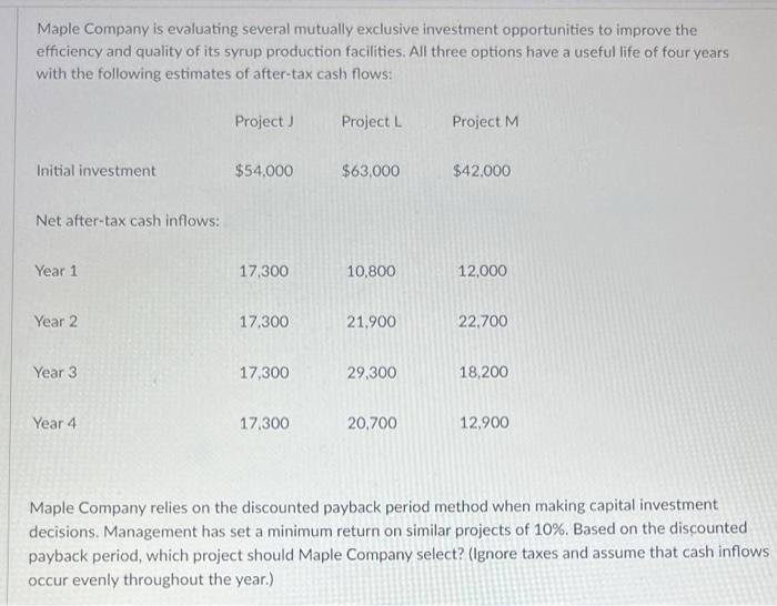 Solved Maple Company is evaluating several mutually | Chegg.com