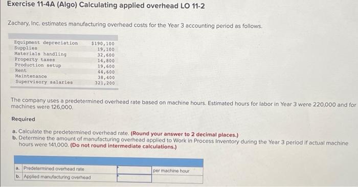 Solved Exercise 11-4A (Algo) Calculating applied overhead LO | Chegg.com