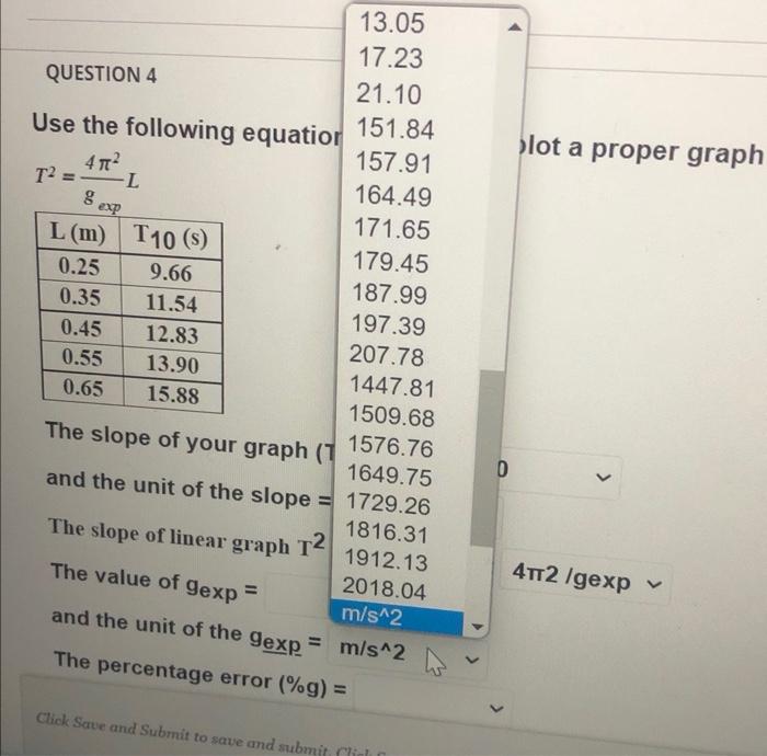 Solved Use the following equation and table T2=g4π2L The | Chegg.com