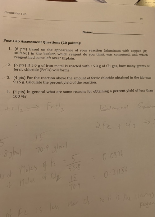 Solved Chemistry 106 Name: Post-Lab Assessment Questions (20 | Chegg.com