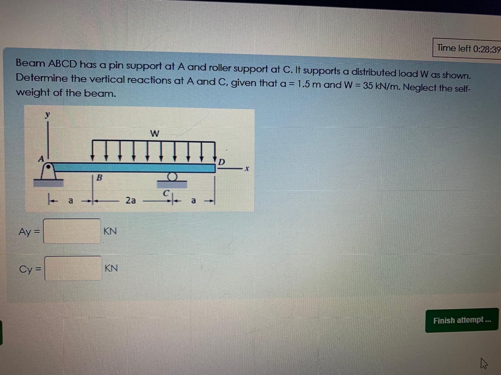 Solved Time left 0:28:39Beam ABCD has a pin support at A and | Chegg.com
