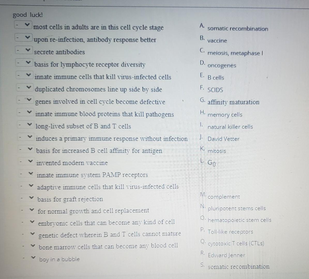 Solved good luck! A. somatic recombination most cells in | Chegg.com