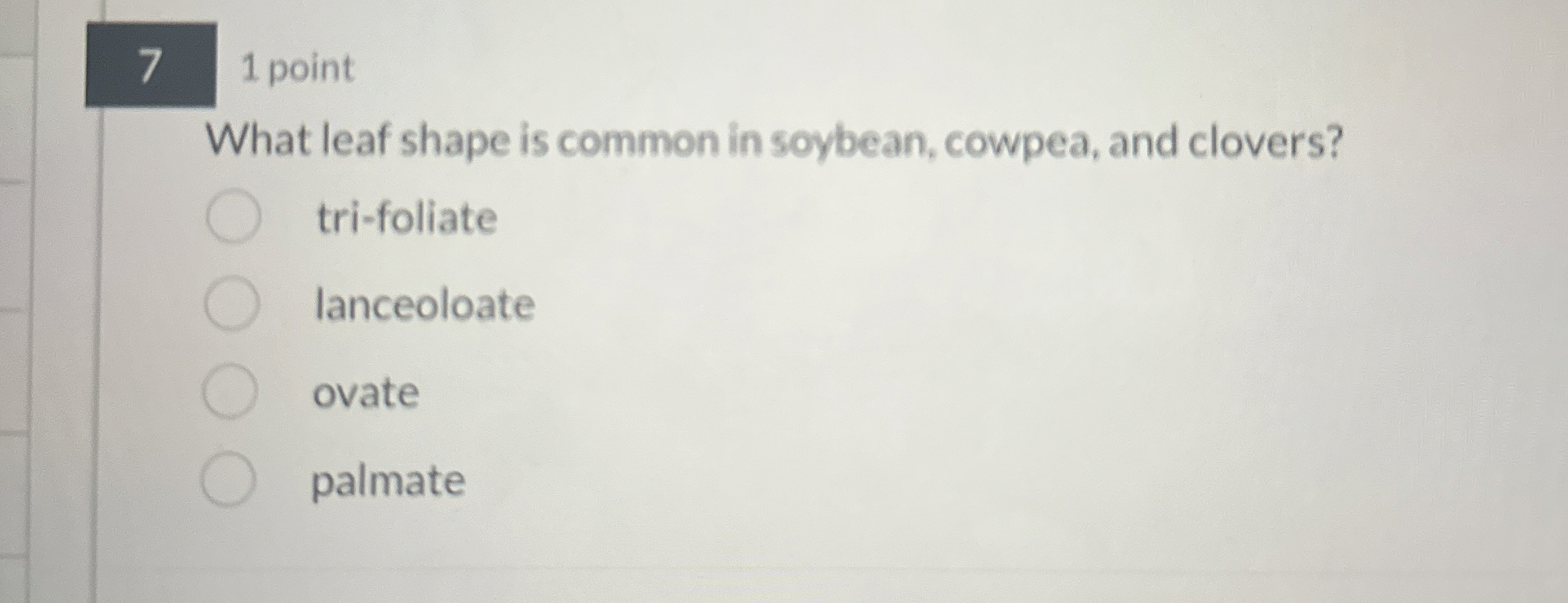 Solved 71 ﻿pointWhat leaf shape is common in soybean, | Chegg.com