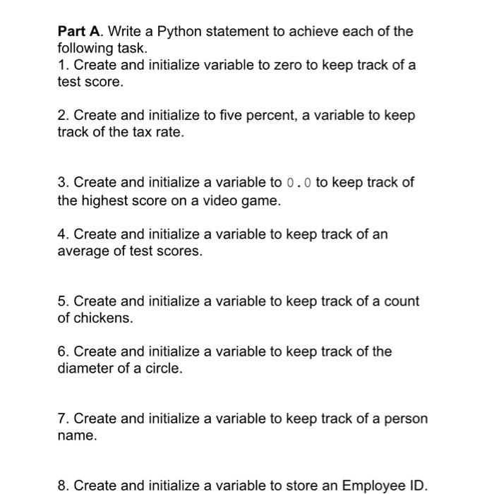 Solved Part A Write A Python Statement To Achieve Each Of