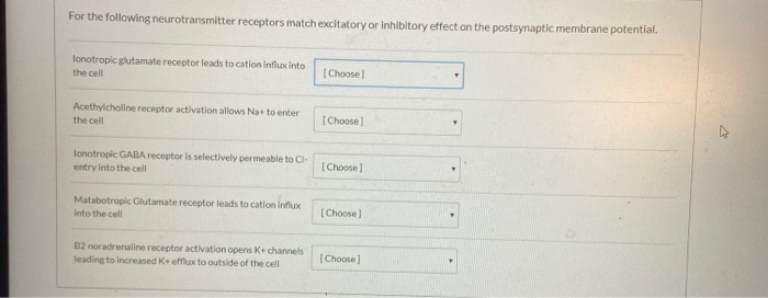 Solved For the following neurotransmitter receptors match | Chegg.com