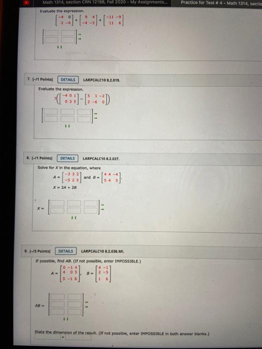 Solved Practice for Test #4 - Math 1314, section Math 1314, | Chegg.com