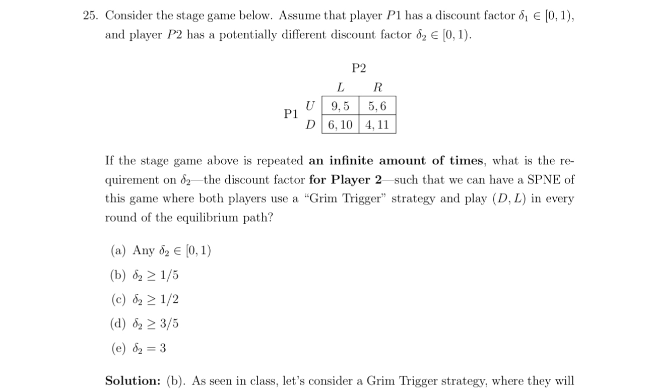 Consider the stage game below. Assume that player P1 | Chegg.com